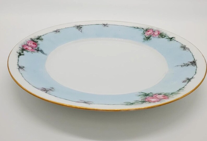 Antique C.1922 Rosenthal Selb Bavaria Plate Blue Band Pink Roses Gold ...