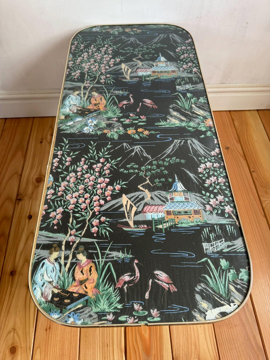 Vintage Kitsch Coffee Table 1950s Glass Top With Oriental Design ...