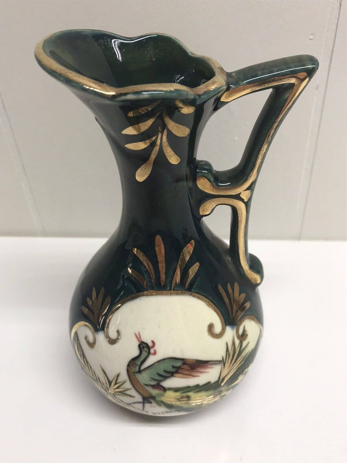 H Bequet Quaregnon Belgium Peacock Gold Trim Flower Vase Handpainted ...