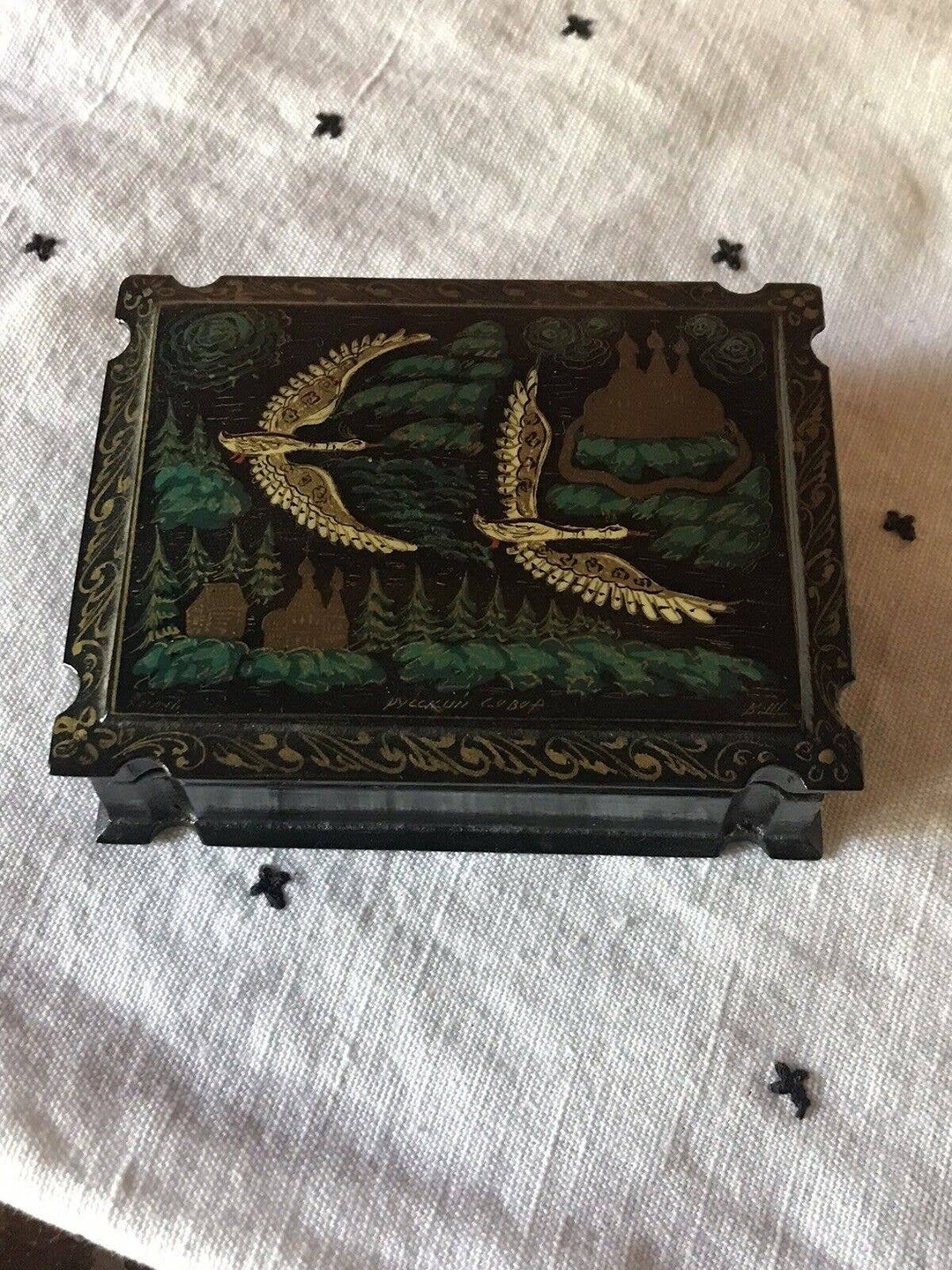 Russian Painted Wood Lacquer Box Birds Cranes Village Signed - Etsy