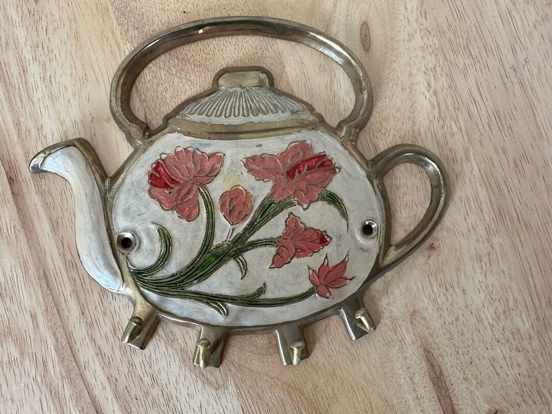 Vintage Cloisonne Brass Tea Kettle Teapot Key Holder Wall Hooks Hanger ...