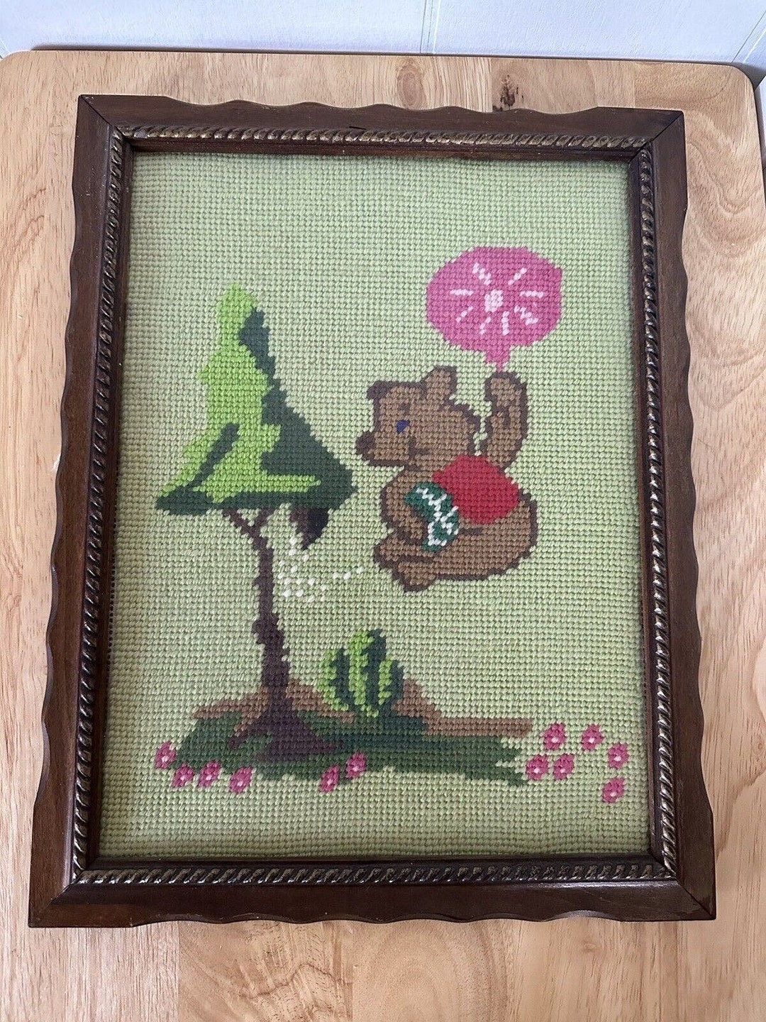 Vintage Framed Bear With Balloon Needlepoint Winnie the Pooh Nursery ...