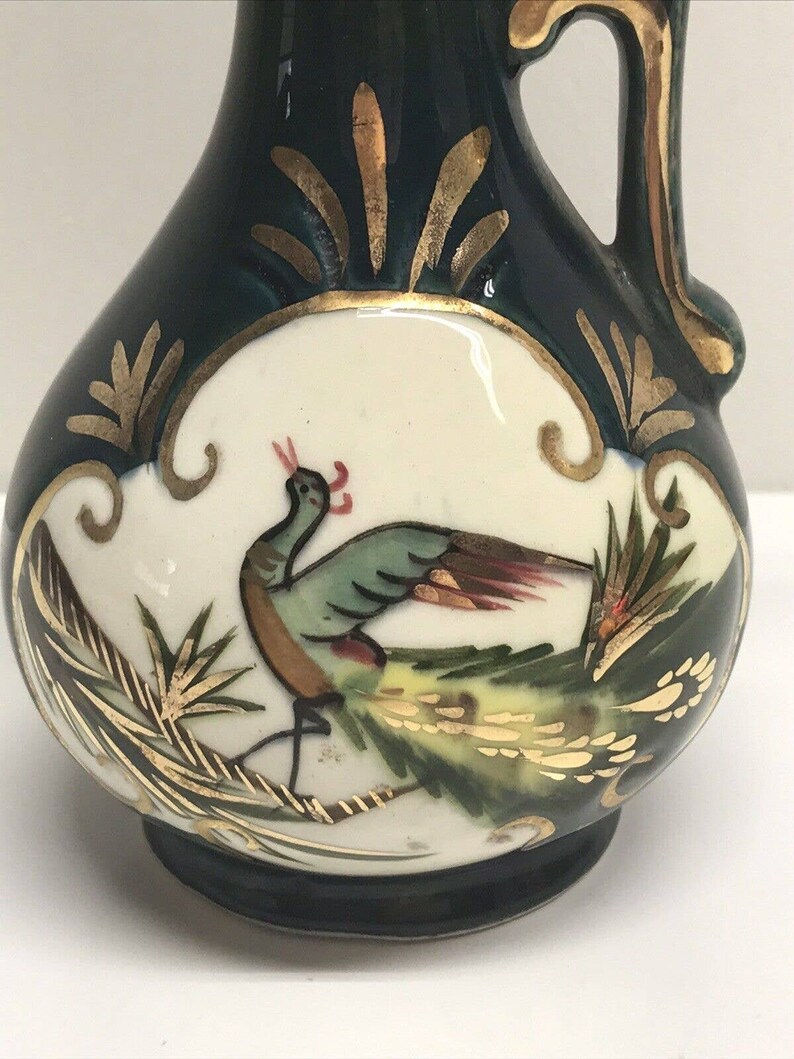 H Bequet Quaregnon Belgium Peacock Gold Trim Flower Vase Handpainted ...