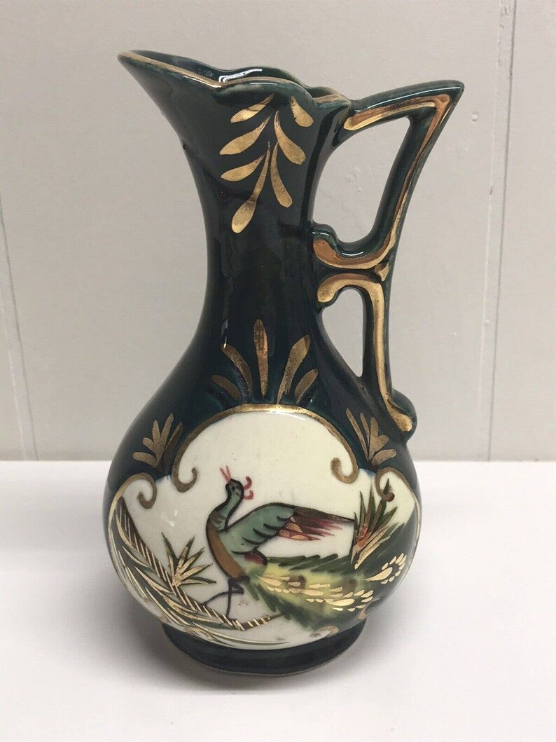 H Bequet Quaregnon Belgium Peacock Gold Trim Flower Vase Handpainted ...