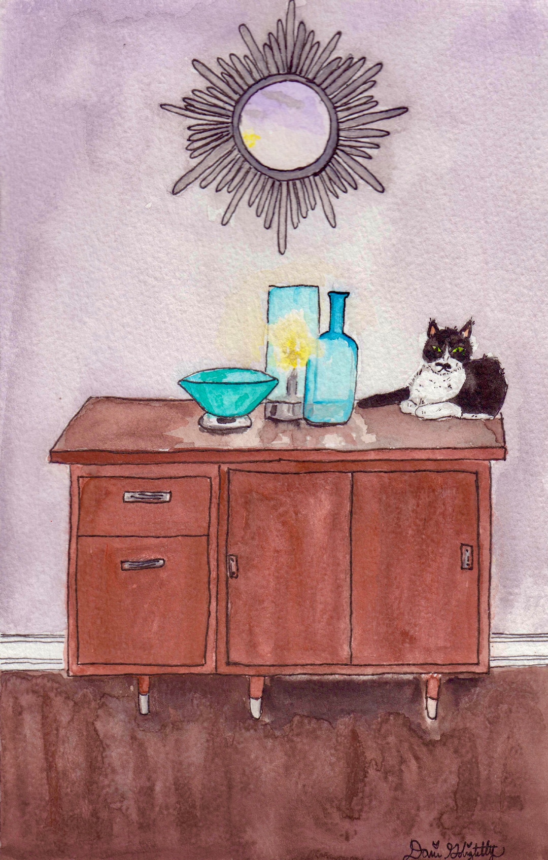 Tuxedo Cat on A MCM Sideboard Art Print, Mid Century Modern Kitsch ...