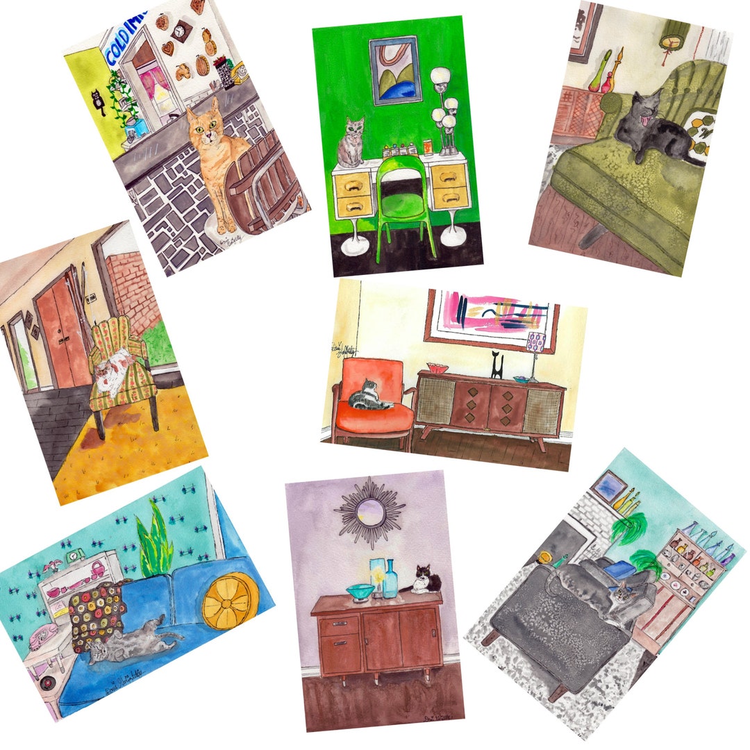 Kitsch Kitty Retro Art Postcard Set, Pack of 8 Original Art Postcards ...