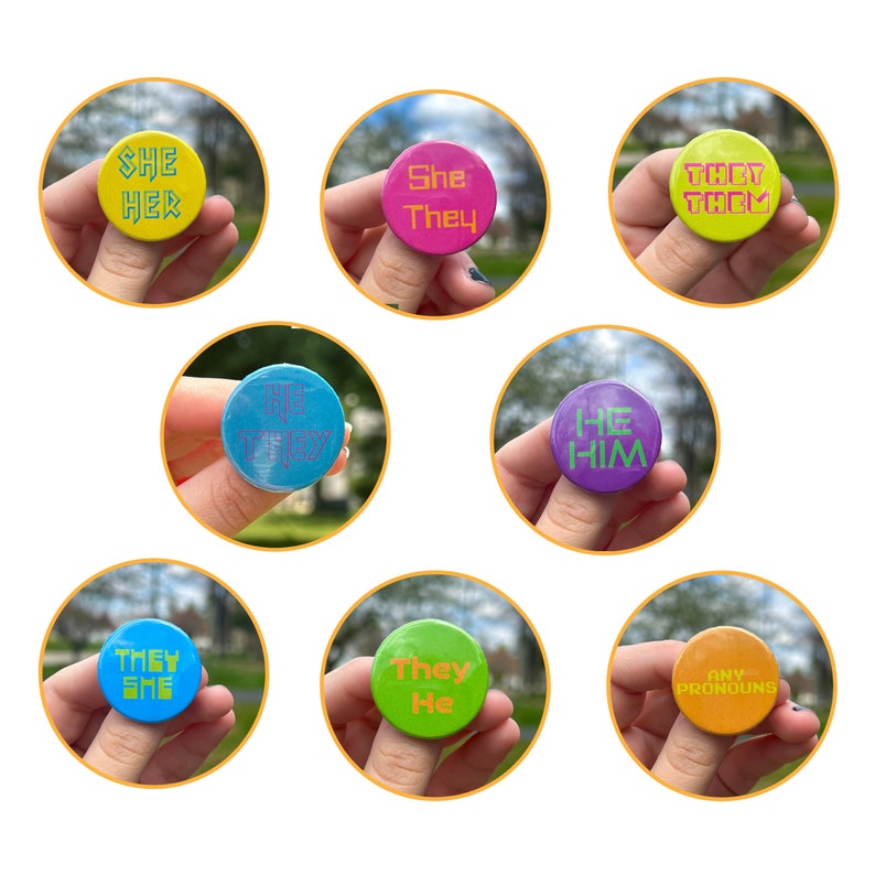 Pronoun Button Pin 80s Theme Retro Neon Bright 1.25" Pronoun Pin She ...