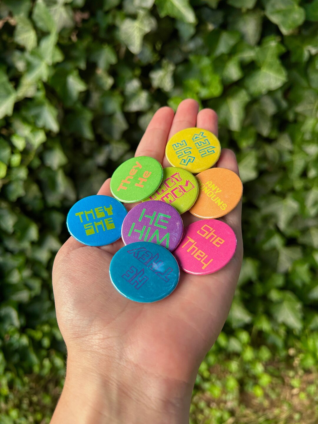 Pronoun Button Pin 80s Theme Retro Neon Bright 1.25" Pronoun Pin She ...