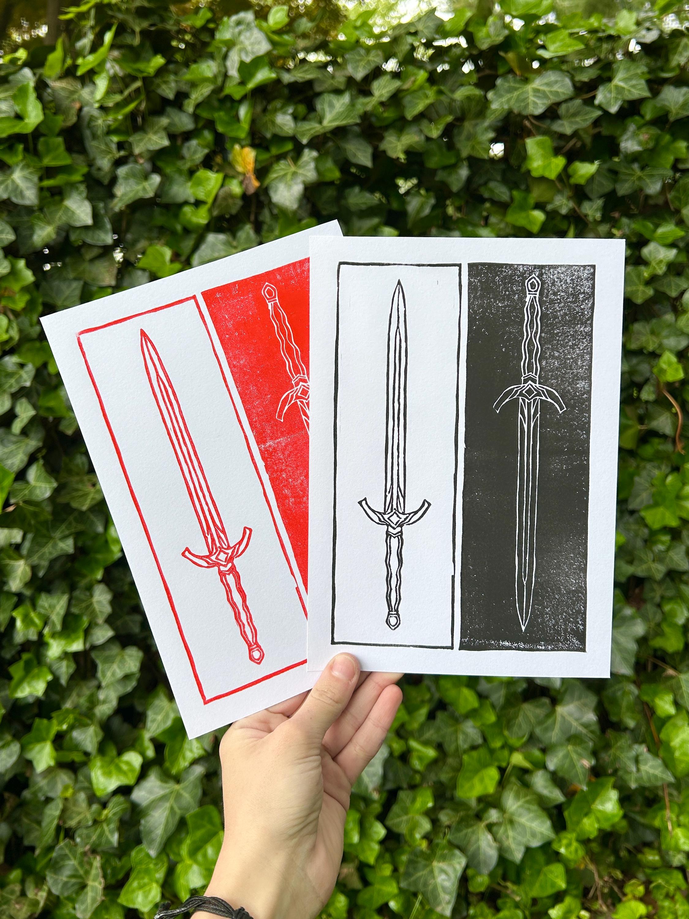 Sword Linocut Print Black and White Original Design 9x6in Fantasy Print ...