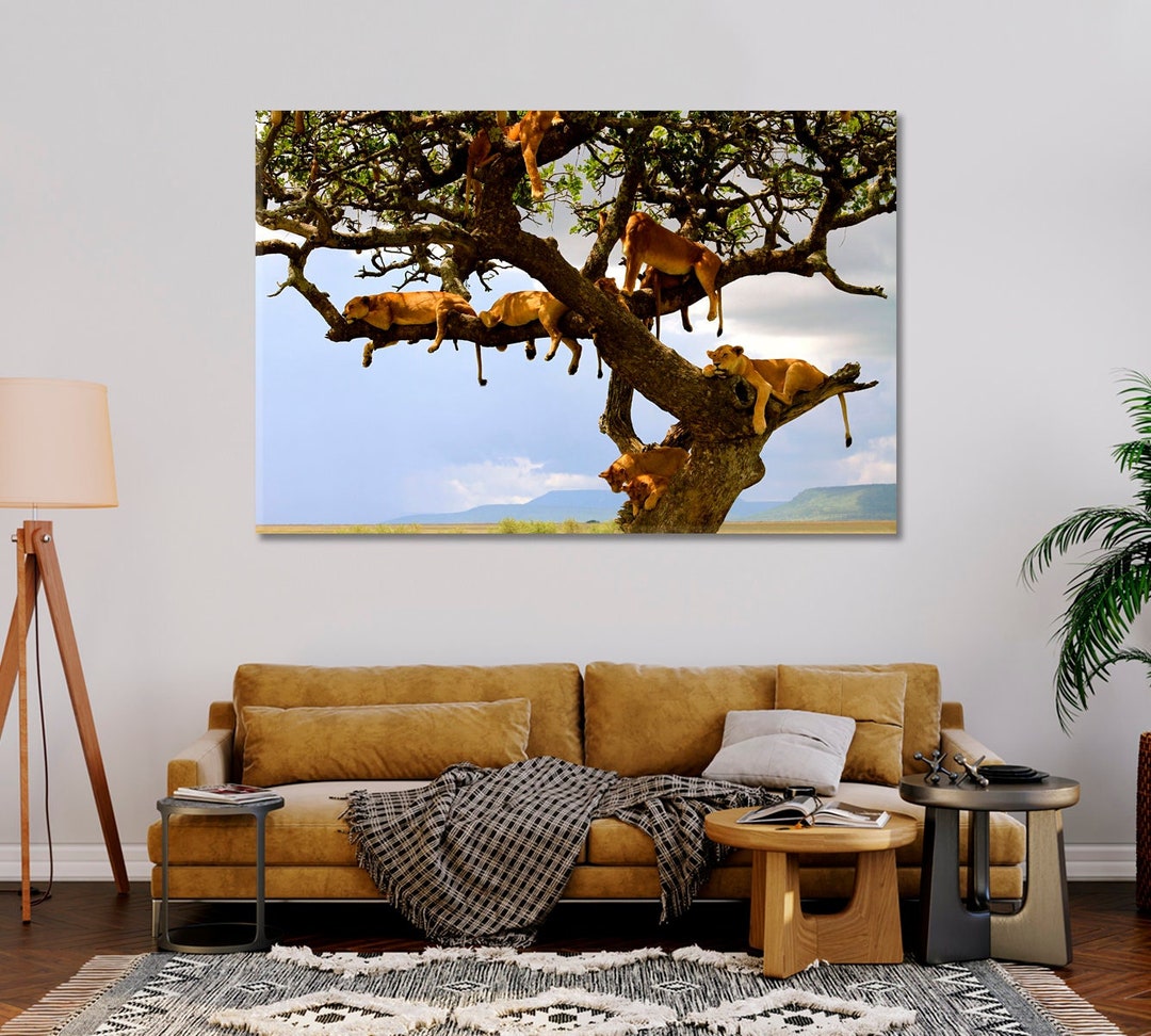 Lion Family on Tree Wall Art Ready to Hang Art Lion Stretched Canvas ...