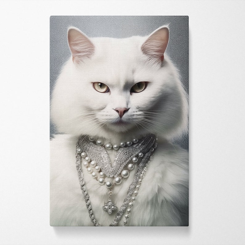 Elegant White Cat in Pearls Canvas Print for Living Room, Unique Gift ...
