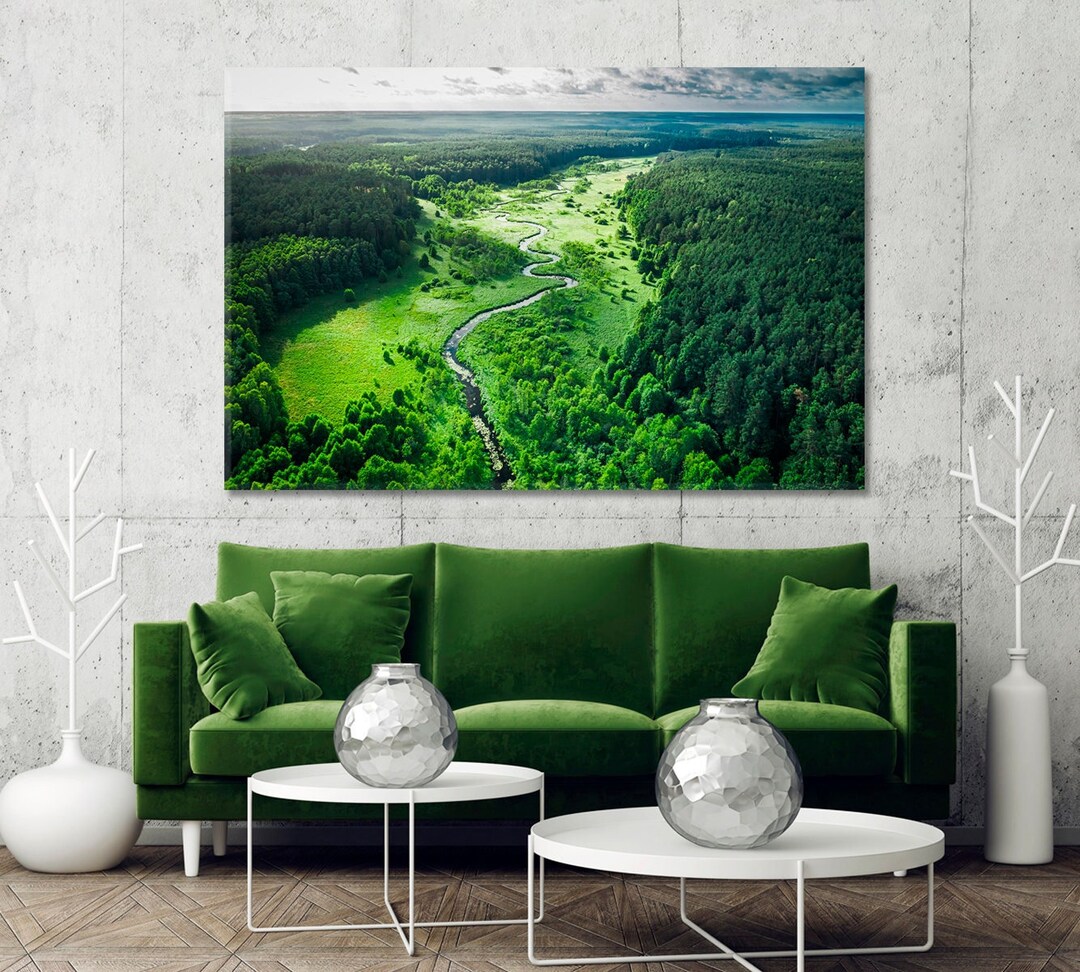 Green Forest Wall Art Curvy River Home Art Decor Green Forest Canvas ...