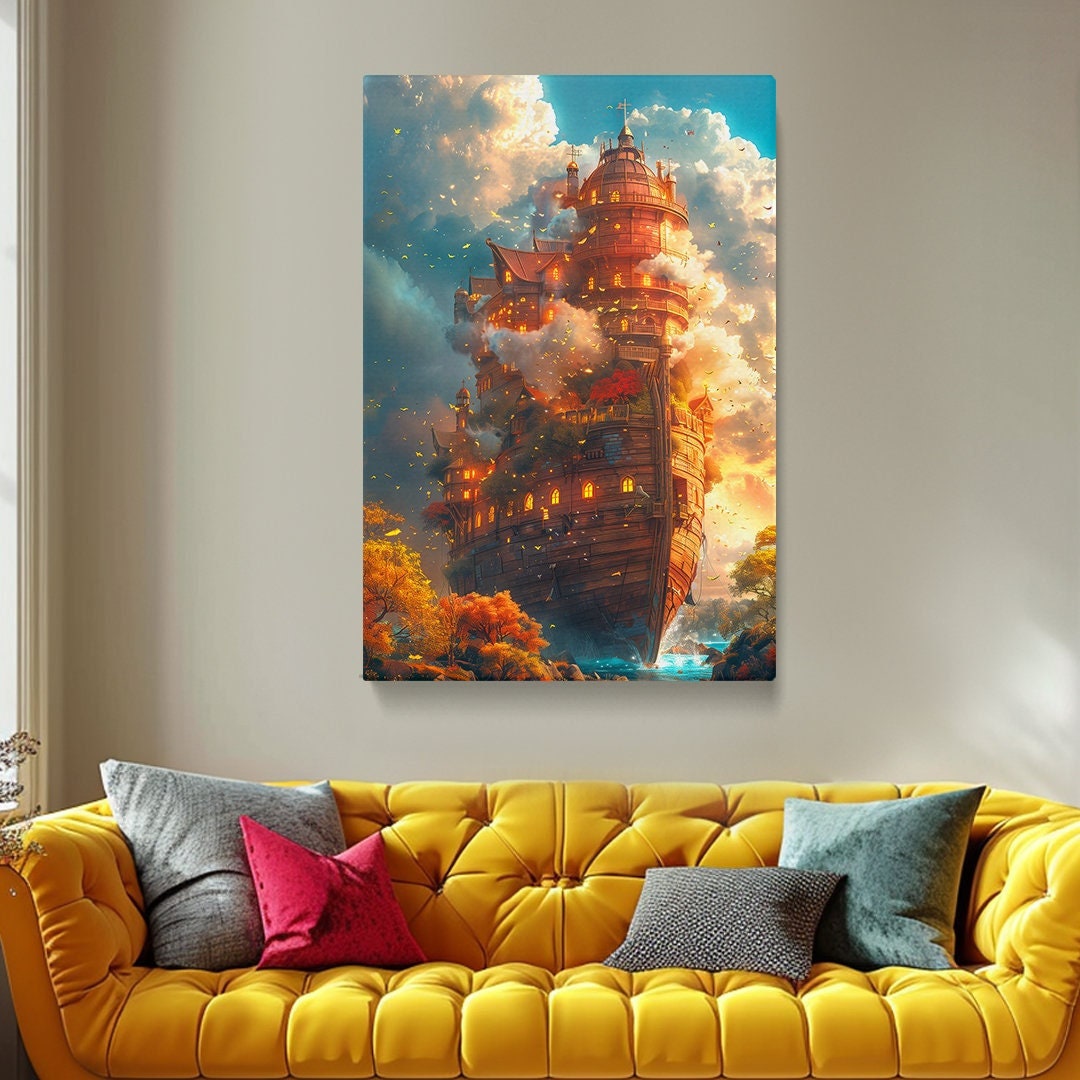 Nautical Castle in the Sky Canvas Print, Sunlit Fantasy Ship Wall Art ...