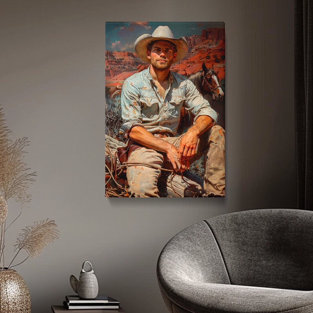 Rugged Cowboy Portrait Canvas Print, Western Ranch Wall Art, Authentic ...
