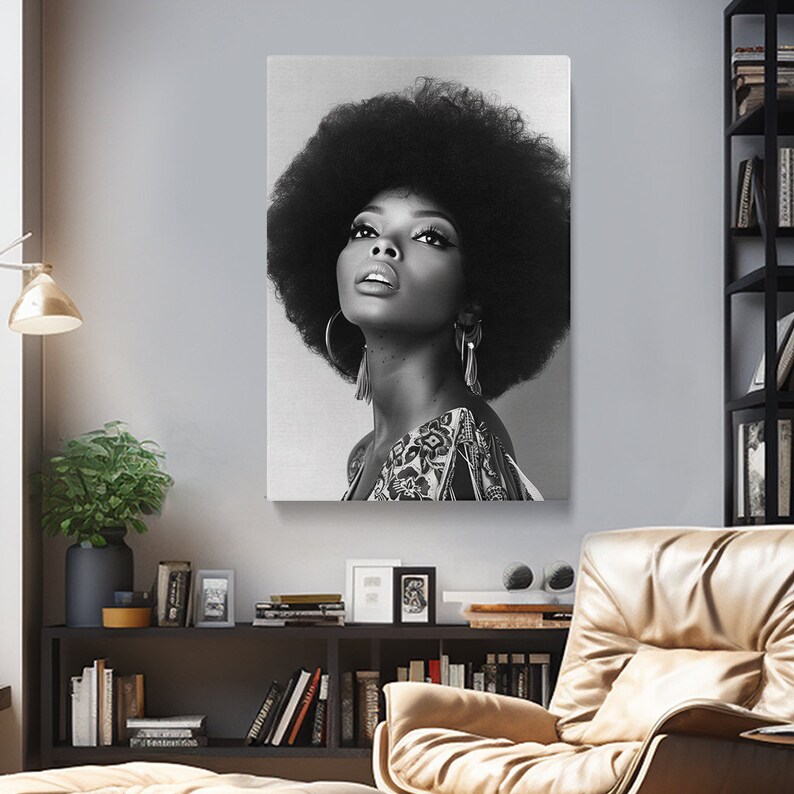 Vintage Afro Woman Portrait Canvas Print Black and White Fashion ...