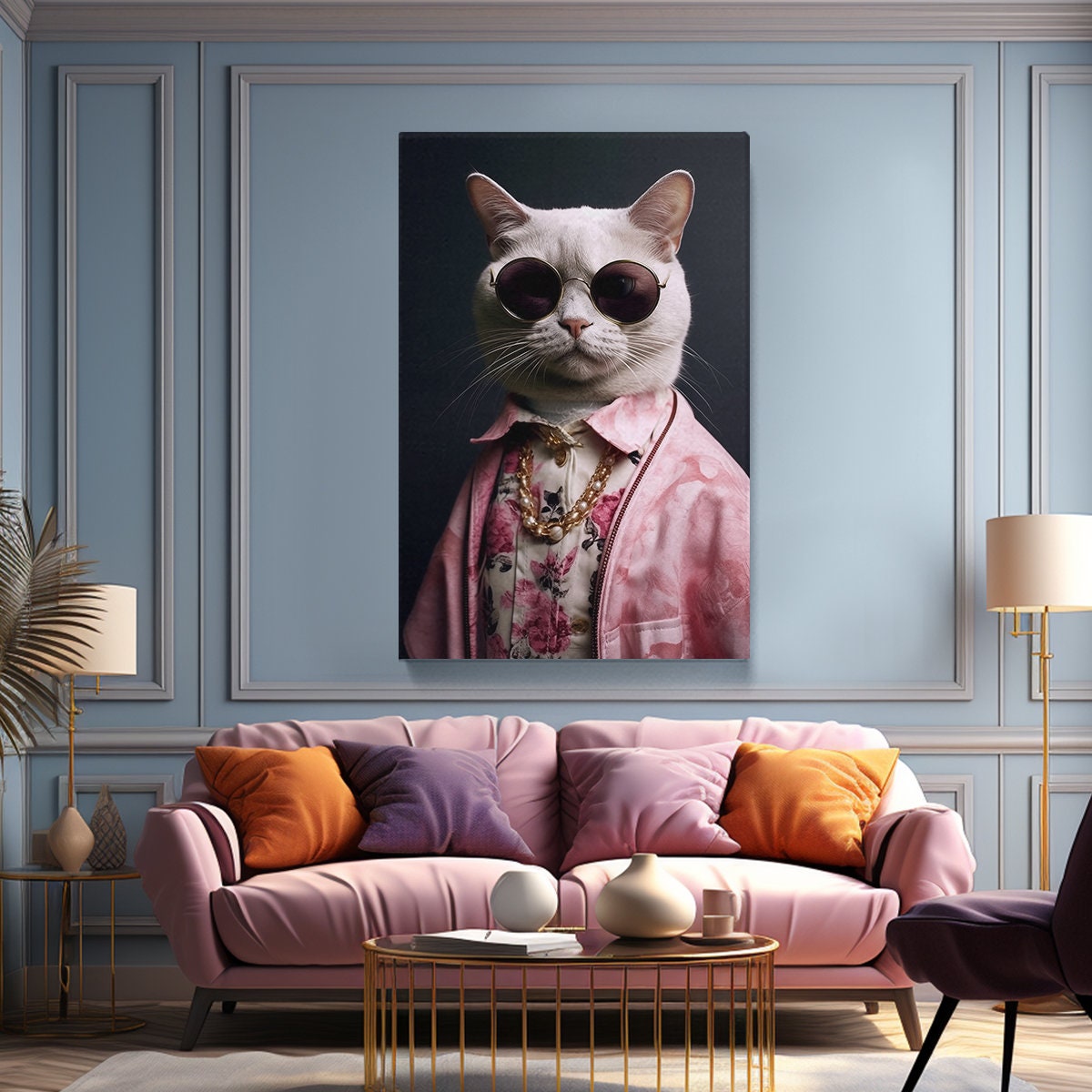 Cool Cat in Floral Jacket Canvas Print for Living Room, Unique Gift for ...