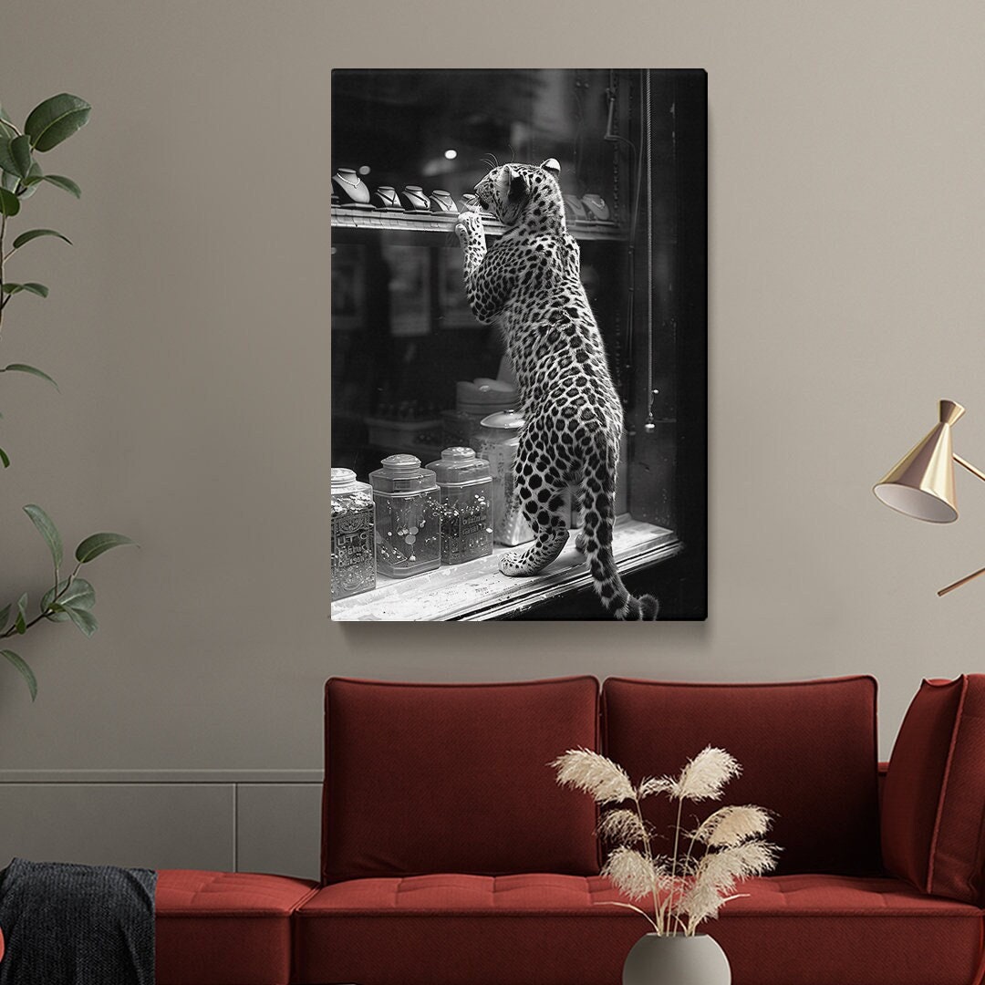 Curious Leopard Window Shopper Canvas Print, Monochrome Wildlife Urban ...