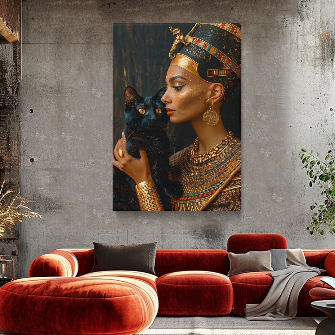 Golden Gaze - Egyptian Queen and Black Cat Canvas Print, Intimate ...