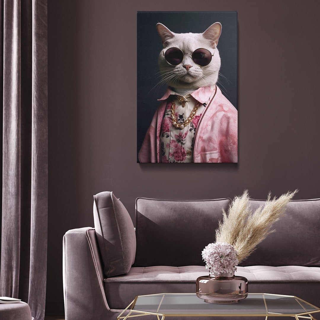 Cool Cat in Floral Jacket Canvas Print for Living Room, Unique Gift for ...