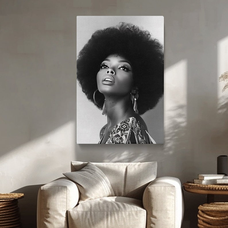 Vintage Afro Woman Portrait Canvas Print - Black and White Fashion ...