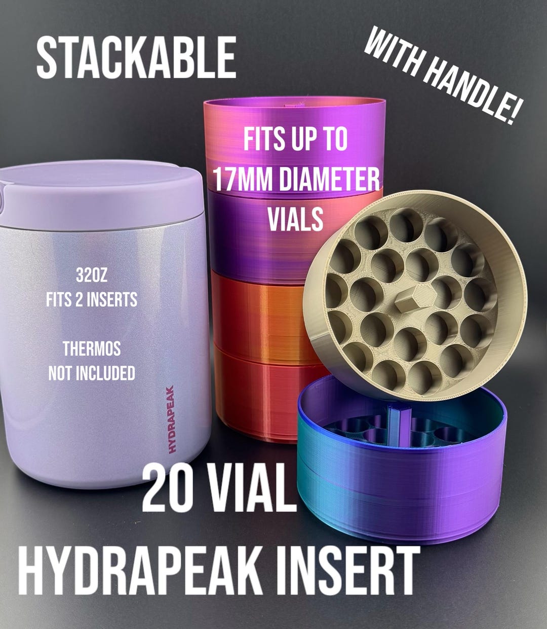20 Vial Insert for Hydrapeak Thermos, Stackable, 3ml Peptide Vial ...
