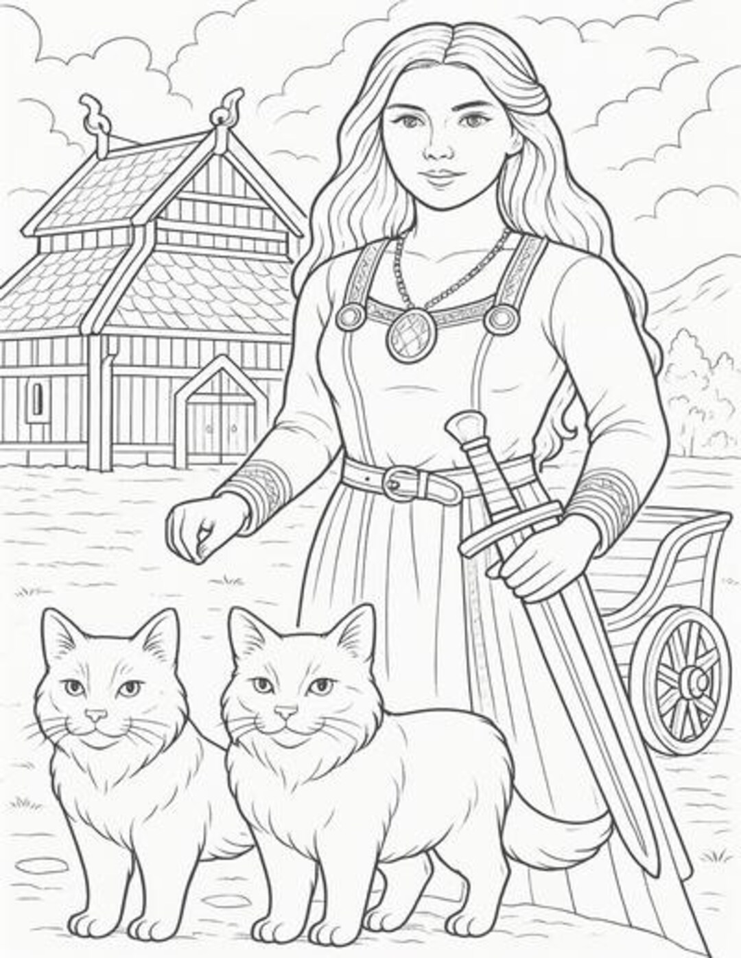 Freyja Coloring Page – Norse Goddess With Sword and Cats (printable PDF ...