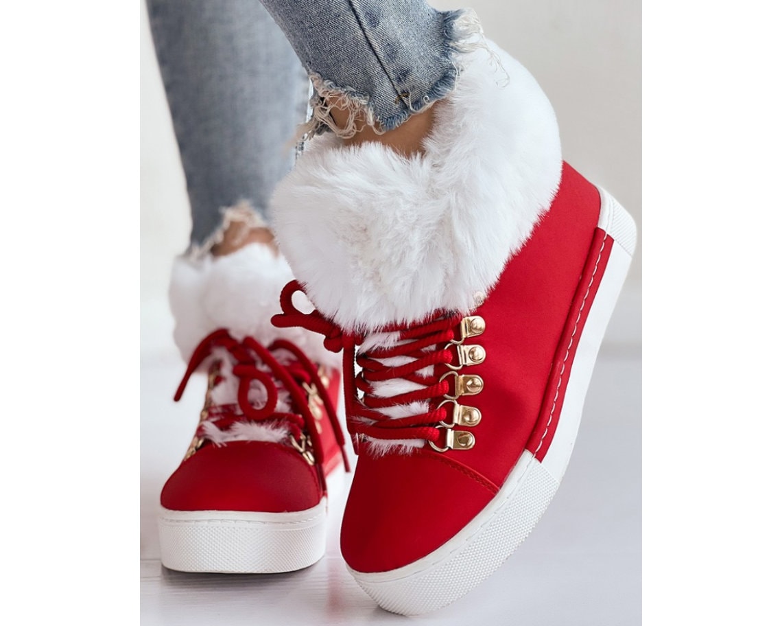 Red Lace up Shoes Women Fuzzy Boots Ankle Boots Flat Shoes Round Toe ...