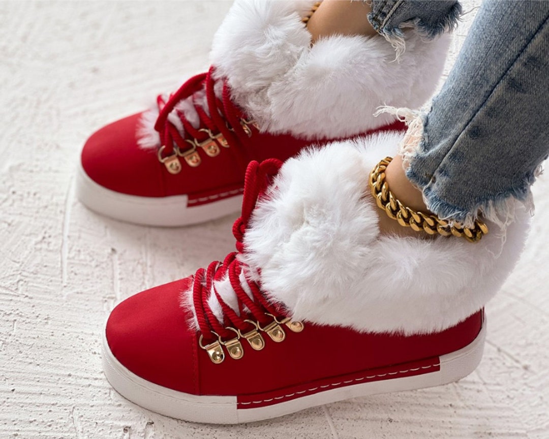 Red Lace up Shoes Women Fuzzy Boots Ankle Boots Flat Shoes Round Toe ...
