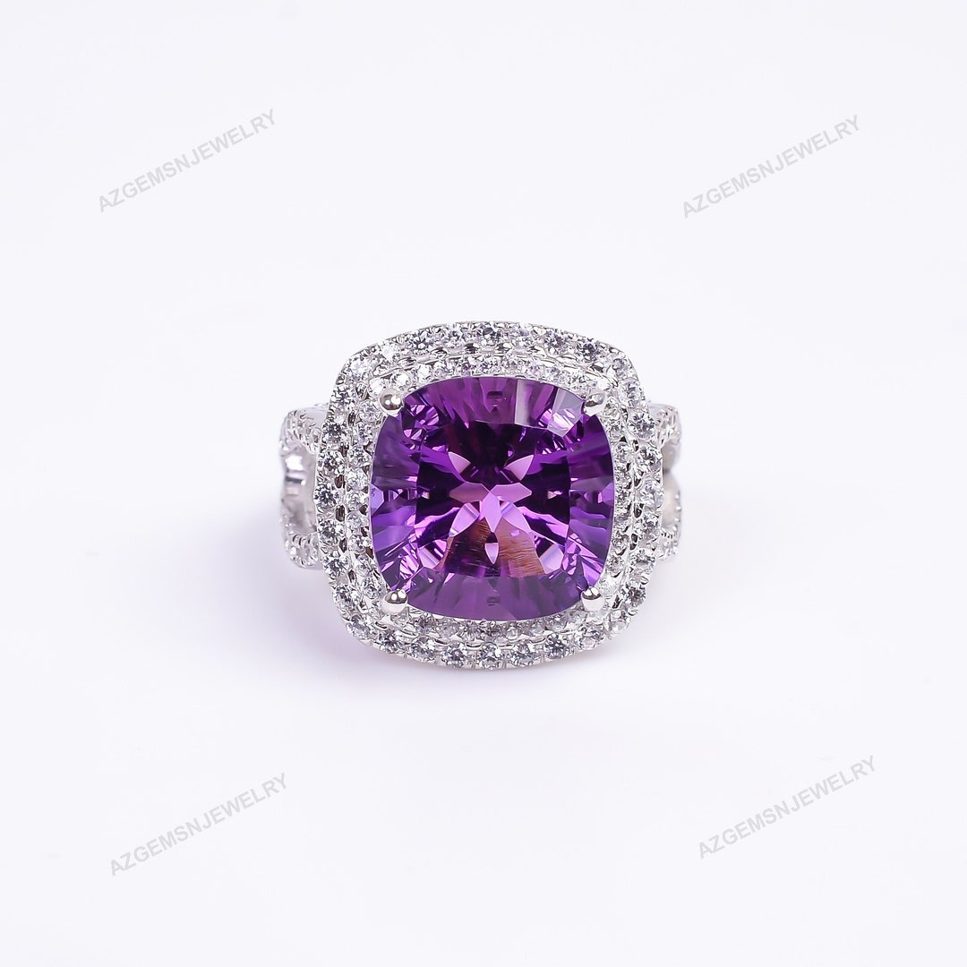 Natural Amethyst Ring: Cushion Cut Sterling Silver Art Deco Promise ...