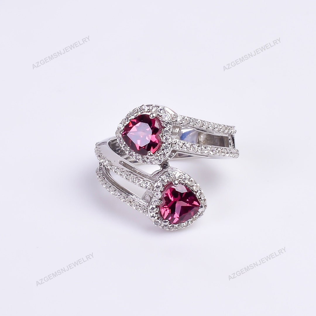 Heart Shape Wedding Ring, Engagement Ring, Double Gemstone Garnet ...