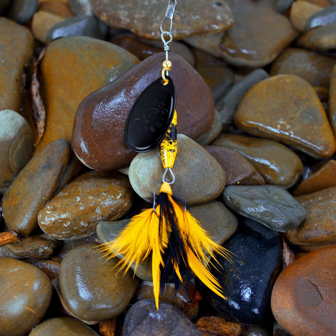 Handmade Spinner Fishing Lure • Yellow/black W/ Black Blade • Dressed ...