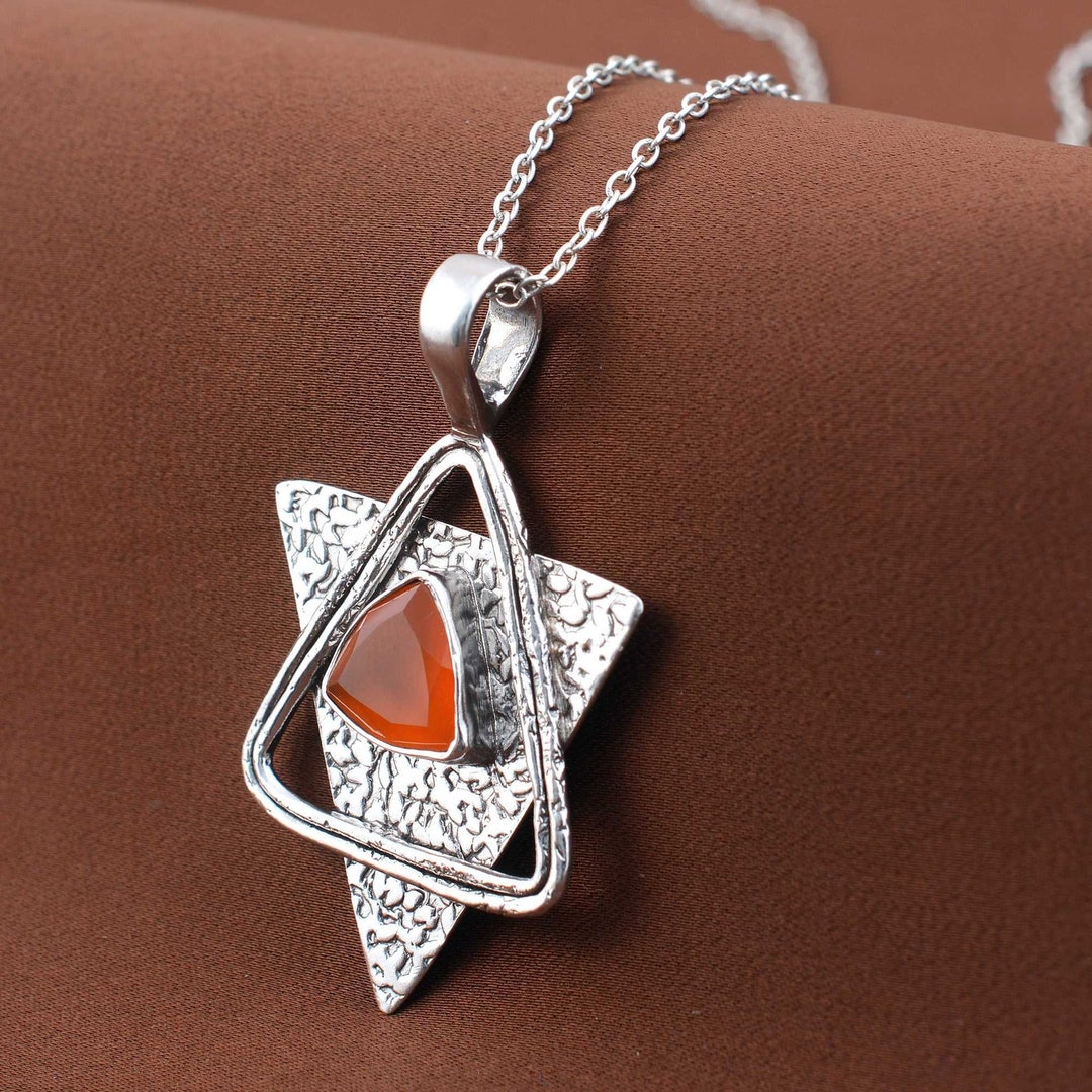 14K Solid Gold Triangel Carnelian Necklace, Gemstone Pendant, Pretty ...