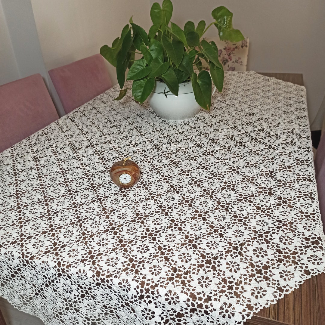 Handmade Crochet Lace Tablecloth All White Thin Cotton Rope Dowry for ...