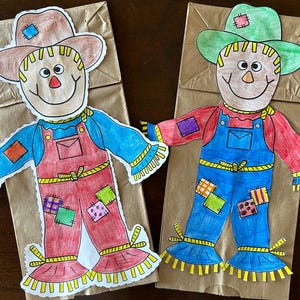 Scarecrow Sack Puppet Templete, Sack Puppet Pattern, Color, Cut, Glue ...
