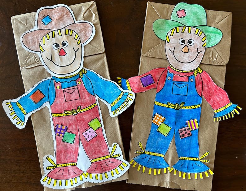 Scarecrow Sack Puppet Templete, Sack Puppet Pattern, Color, Cut, Glue ...