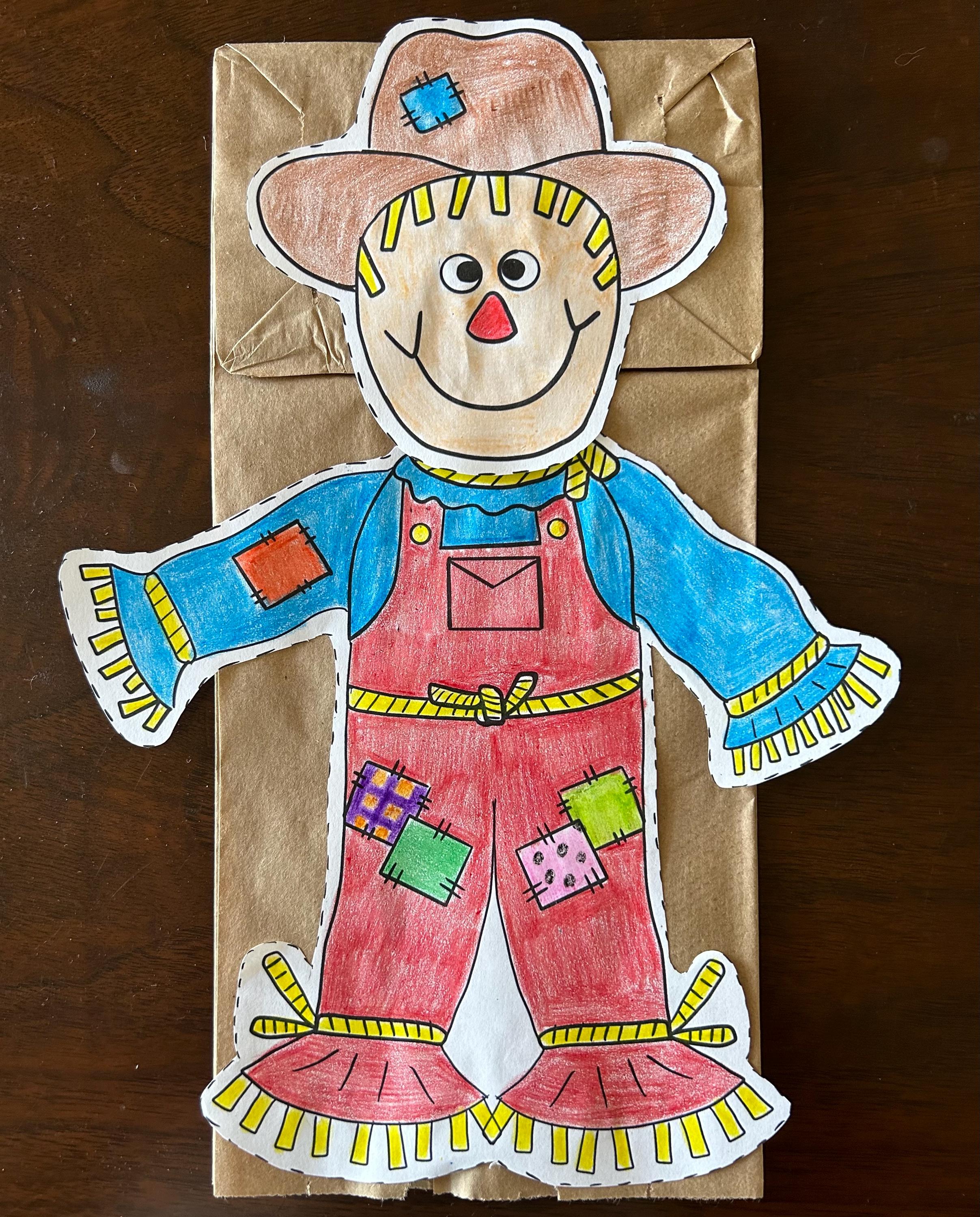 Scarecrow Sack Puppet Templete, Sack Puppet Pattern, Color, Cut, Glue ...