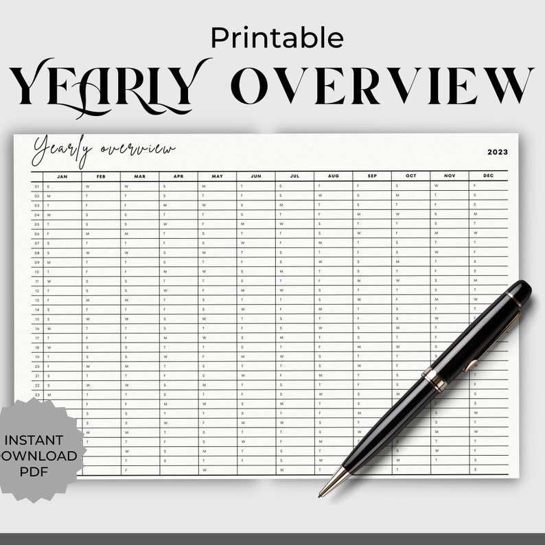 Black and White Minimal Yearly Overview 2023 Wall Calendar, One Page ...