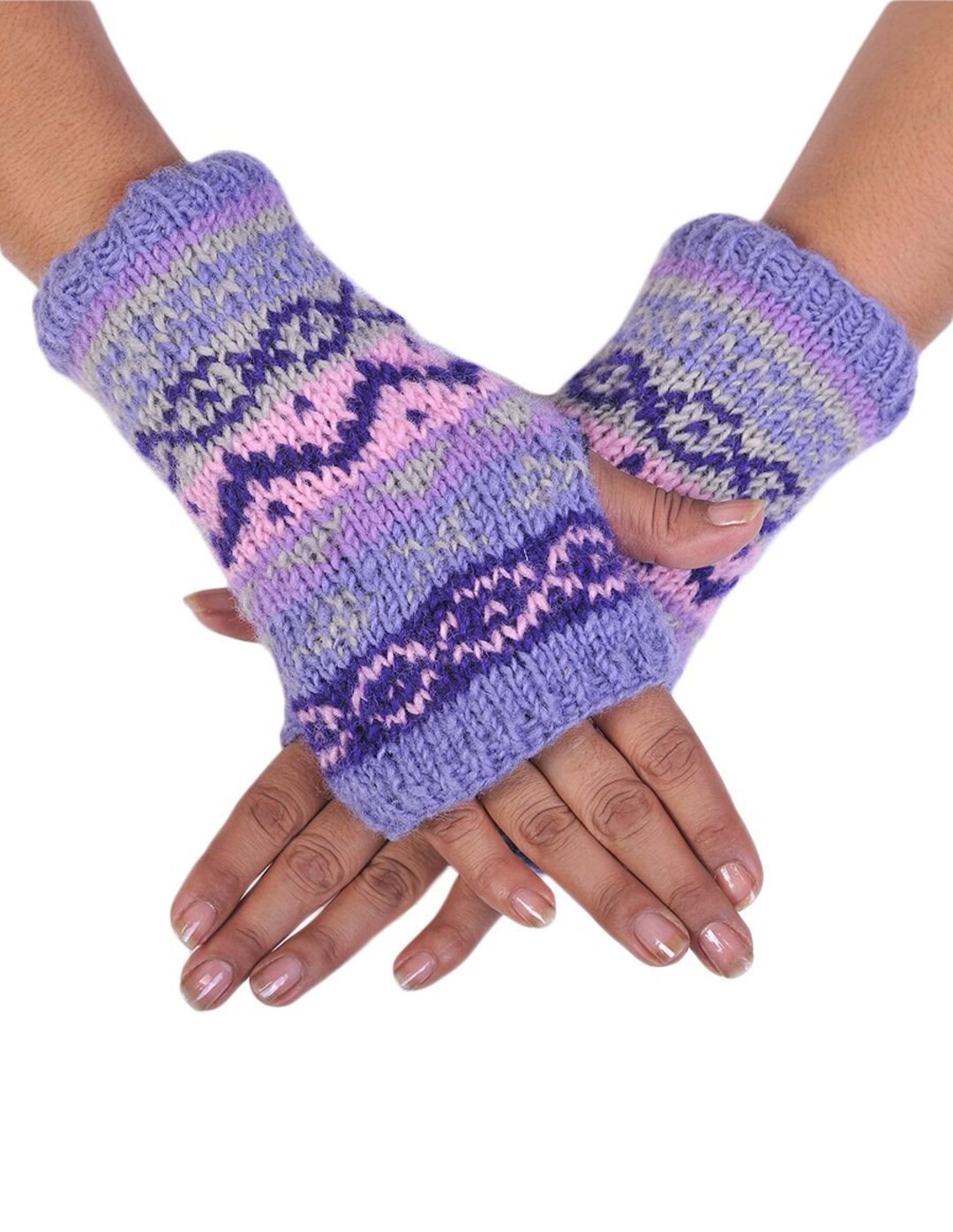 Fingerless Hand Fair Isle Pattern Cozy Woolen Fingerless Mitten Gloves ...