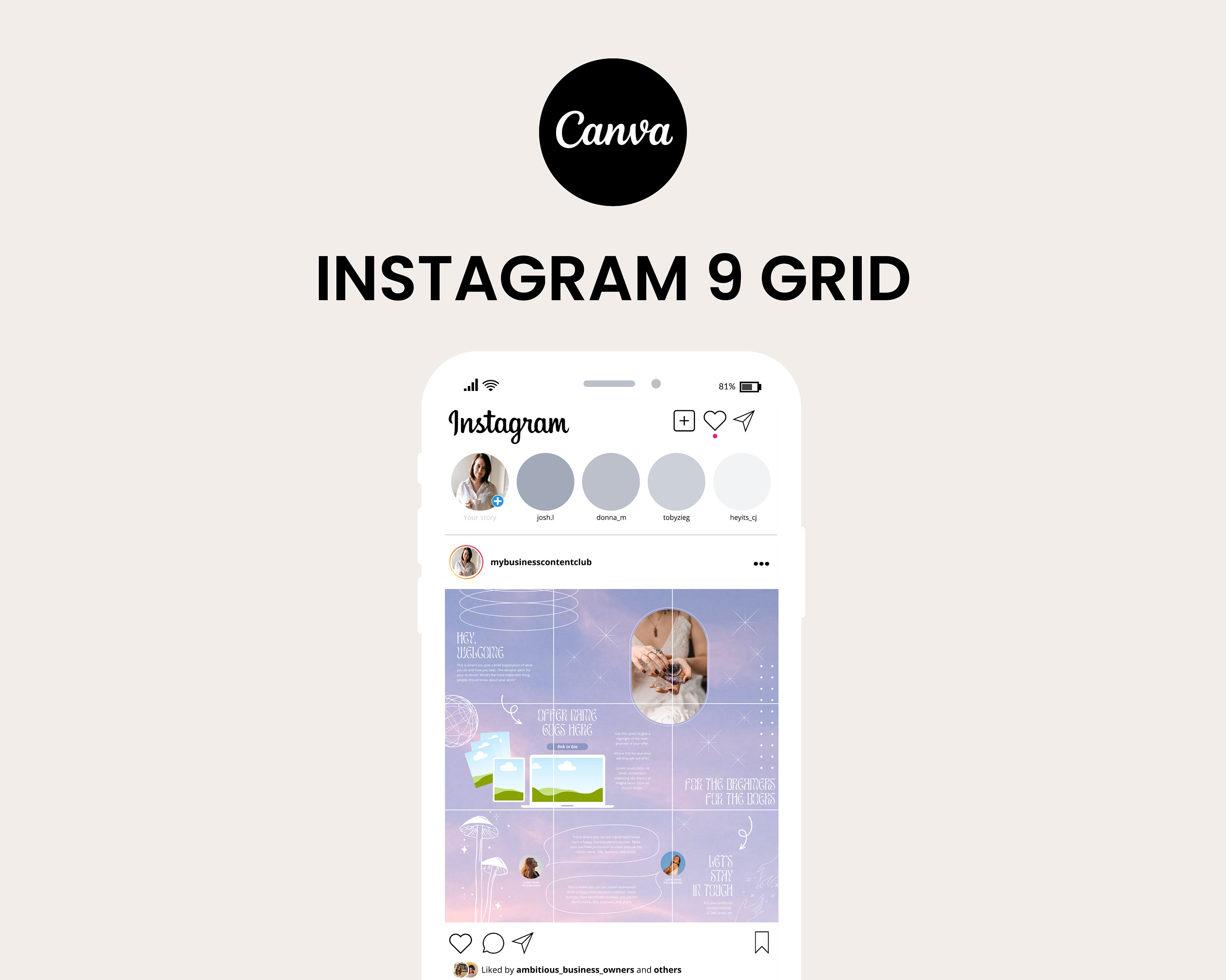 Instagram 9 Grid Static Post Canva Template, Instagram Puzzle Grid ...
