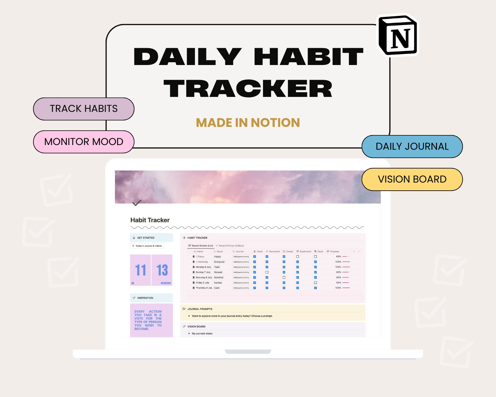 Notion Habit Tracker Template, Notion Vision Board, Notion Daily ...