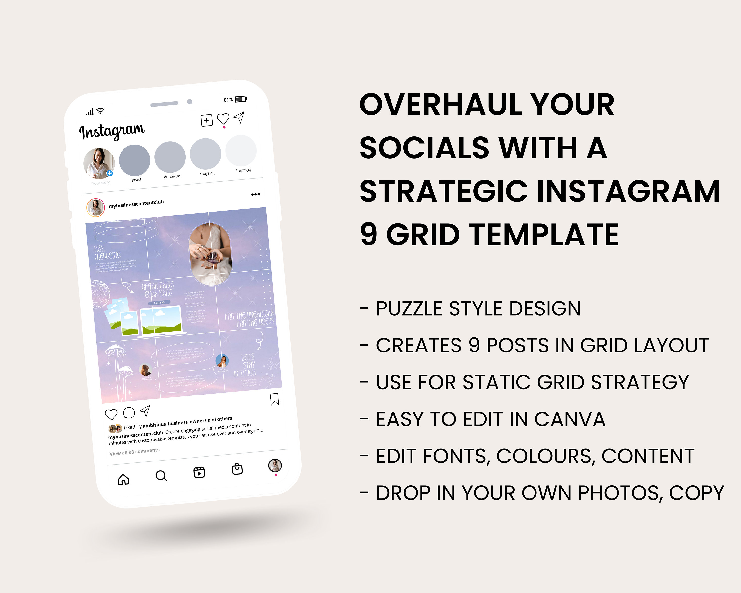 Instagram 9 Grid Static Post Canva Template, Instagram Puzzle Grid ...