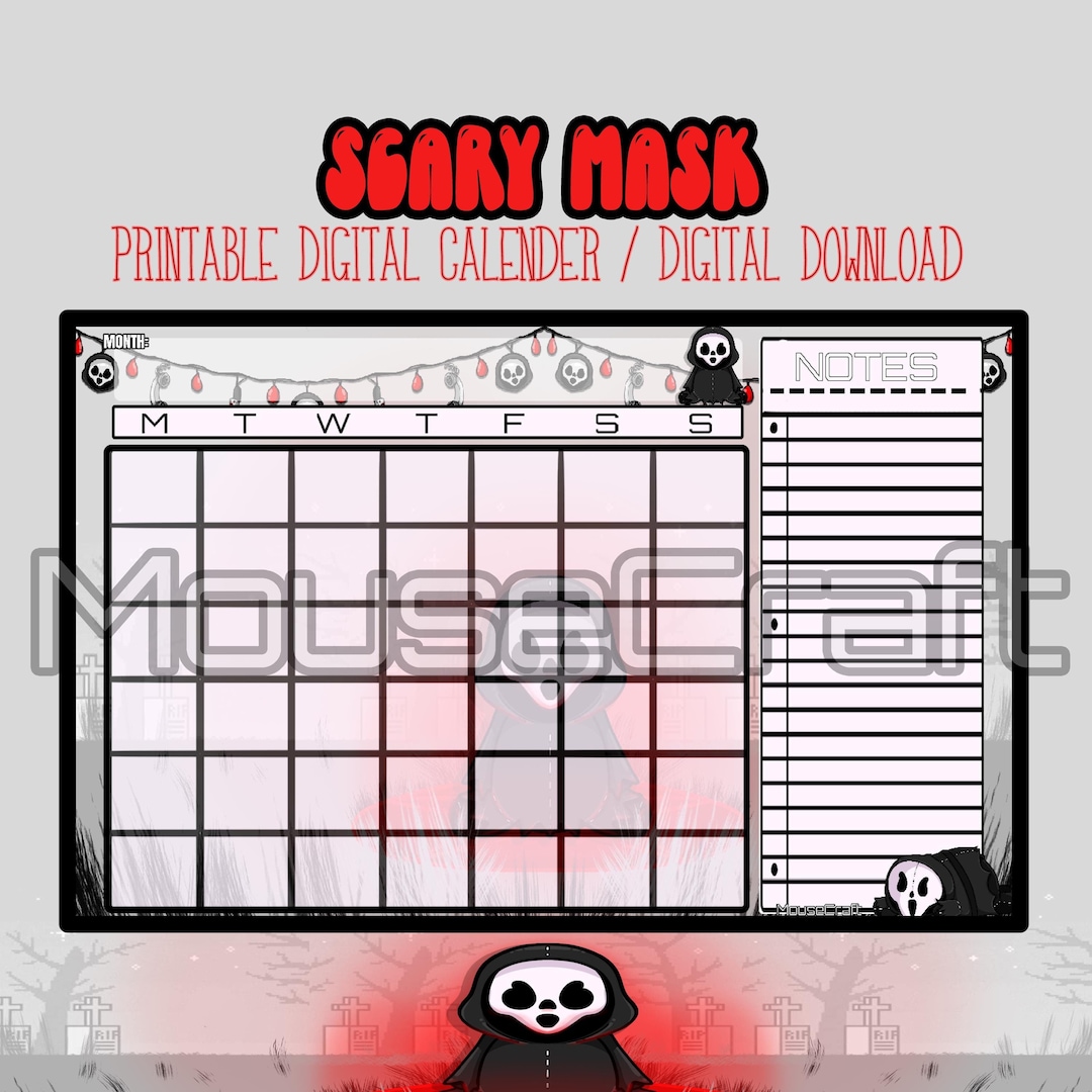 Scary Mask | Printable Monthly Calendar Sheet | Digital Download - Etsy
