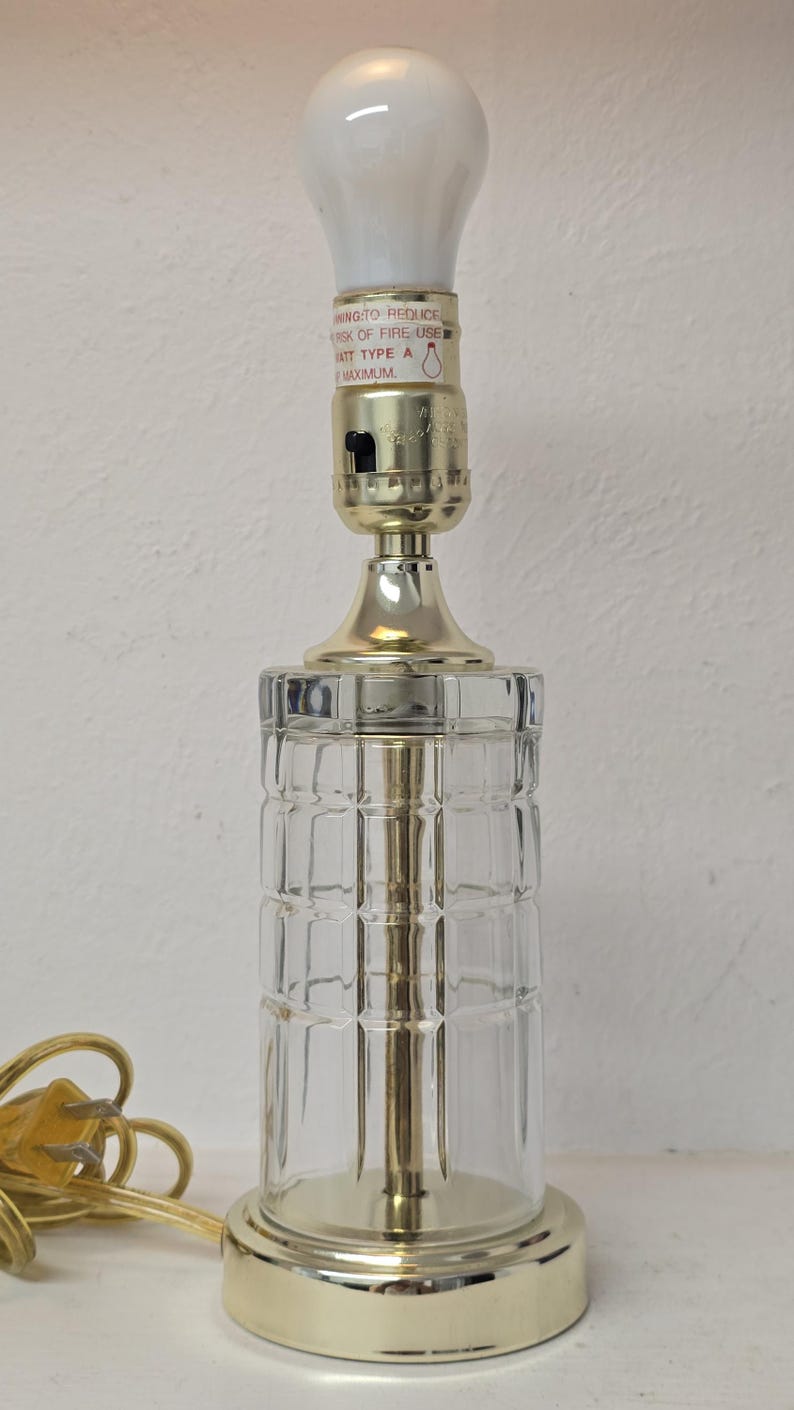 Vintage Glass Table Lamp Base, Clear Cut Block Pattern, Brass Tone ...