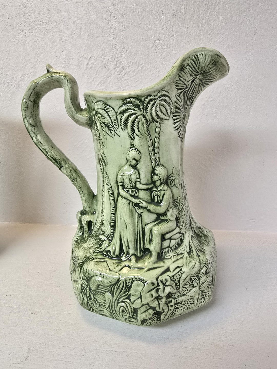 Vintage Ceramic Pitcher, Romantic Couple Relief Jug, Green Textured ...