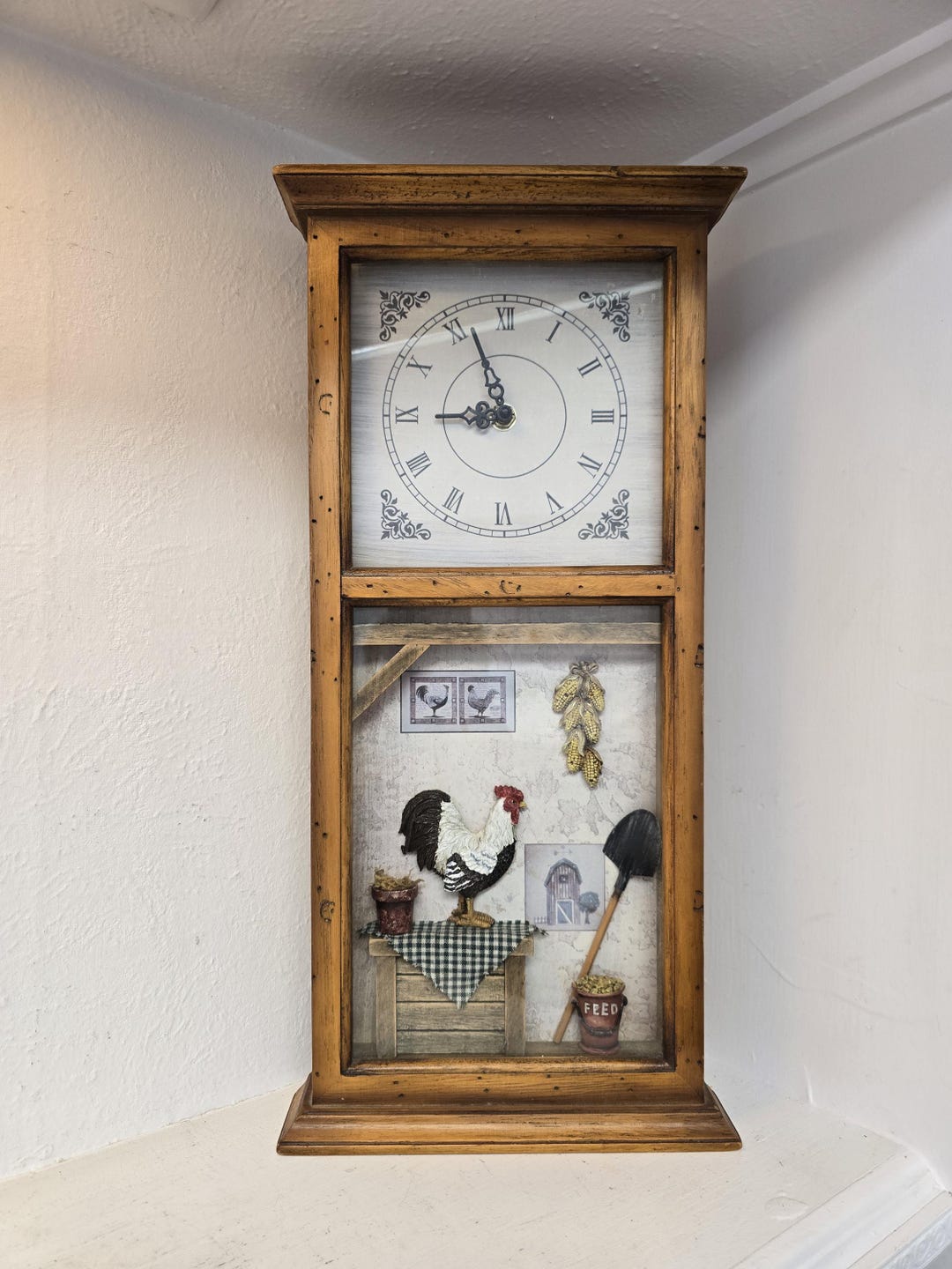 Vintage Farmhouse Wall Clock With Rooster Shadow Box – Rustic Country ...