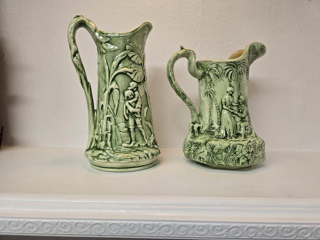 Two Vintage Greenware Parian Pitcher Feat. Paul & Virginia, Ceramic ...