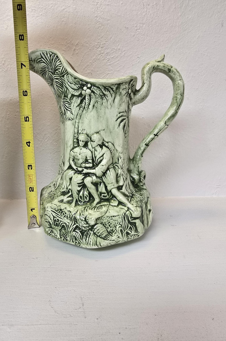 Vintage Ceramic Pitcher, Romantic Couple Relief Jug, Green Textured ...