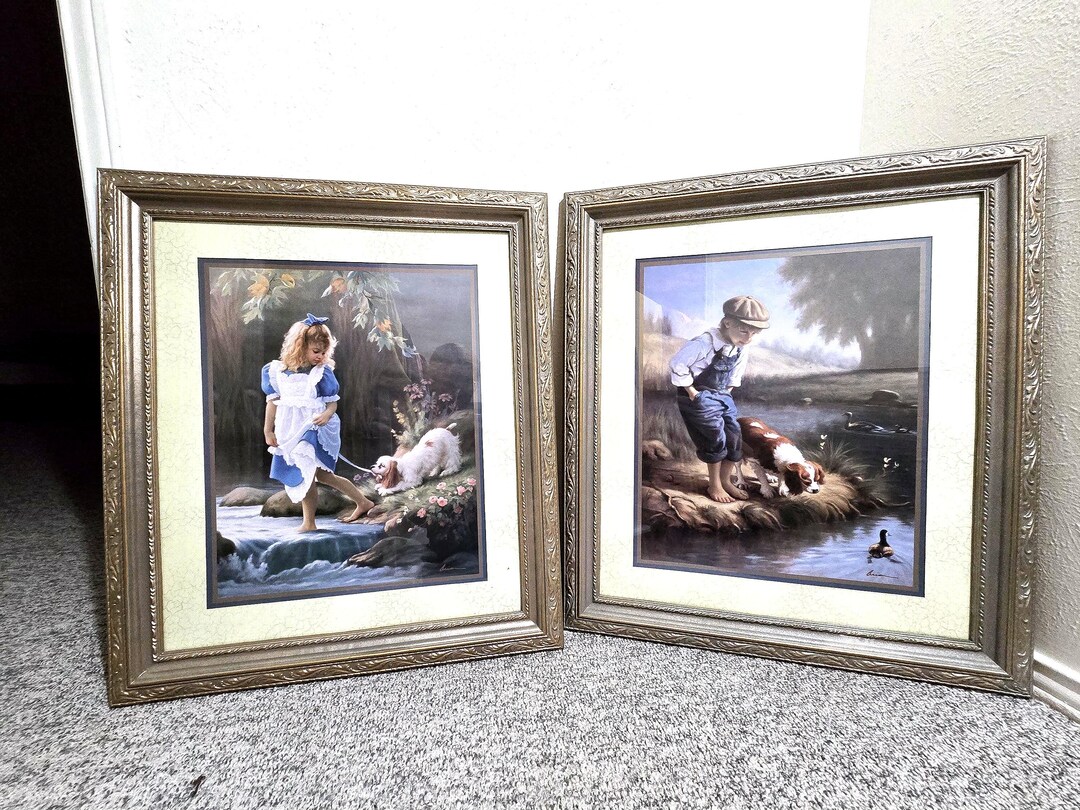 Large 20 X 24 Inch Mark Arian Girl & Boy and the Dog by the Pond Print ...