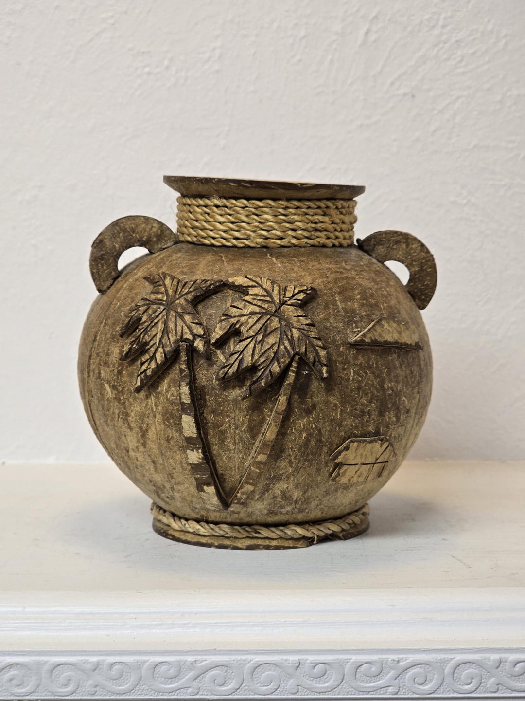 Rare Handmade Coconut Vase, Intricate Carved Palm Motifs, Unique ...