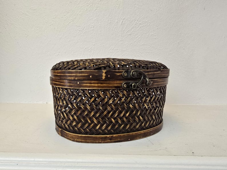 Vintage Handcrafted Bamboo Decorative Box With Lid, Oval or Round ...